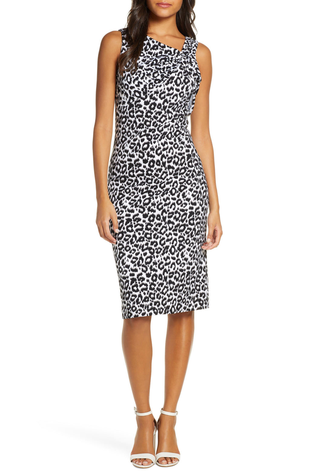 Donna Ricco Women's Leopard Print Asymmetrical Neck Sheath Dress White – Steals