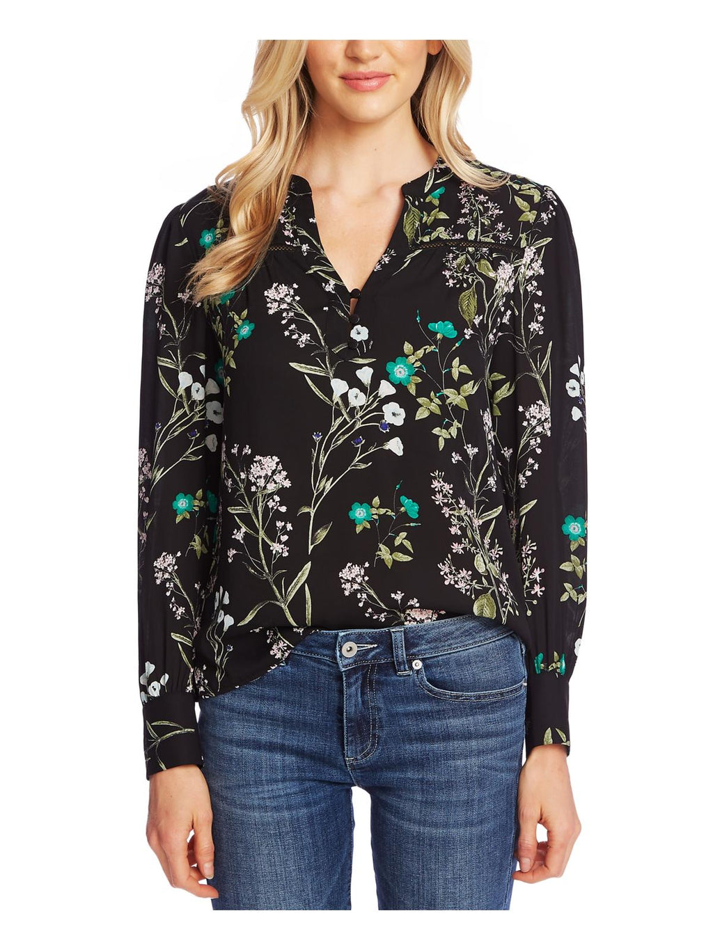 CeCe Women's Floral Print Split Neck Blouse Black Size X-Small – Steals