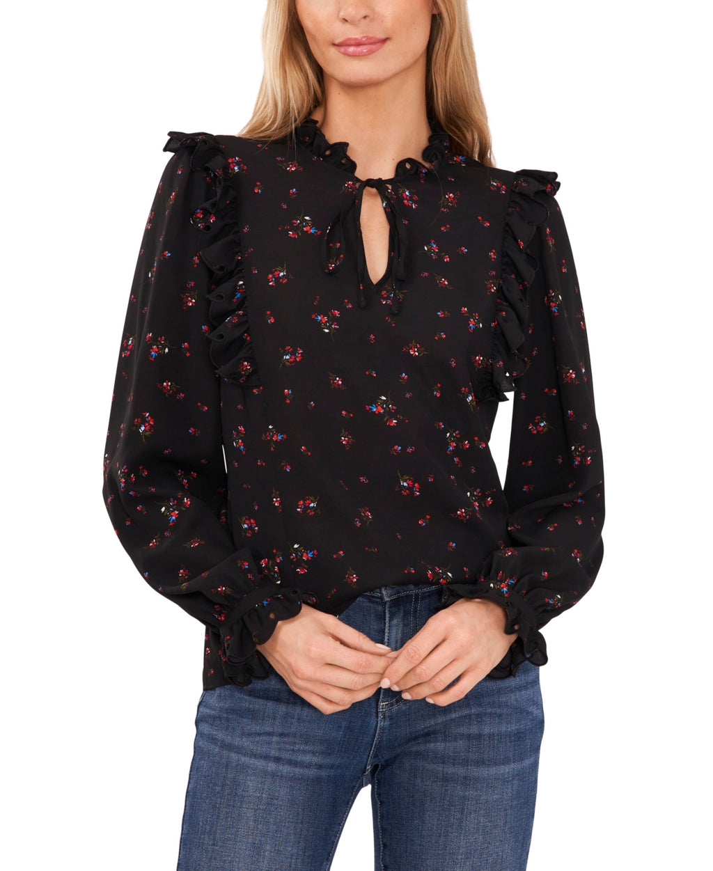 CeCe Women's Floral Ruffle Split Neck Blouse Black Size Small – Steals