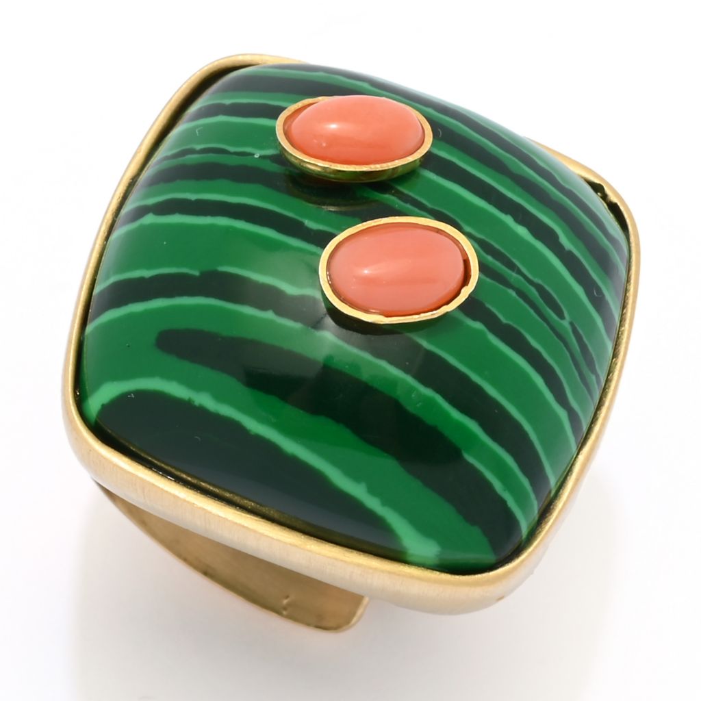 Bello Italiano 18K Gold Plated 23mm Malachite & Rose Coral Statement R ...