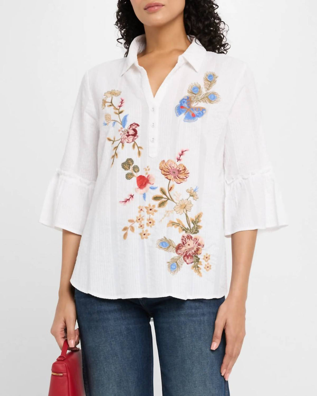 Johnny Was - Florrie Ruffle Sleeve Henley Tunic Top – Steals