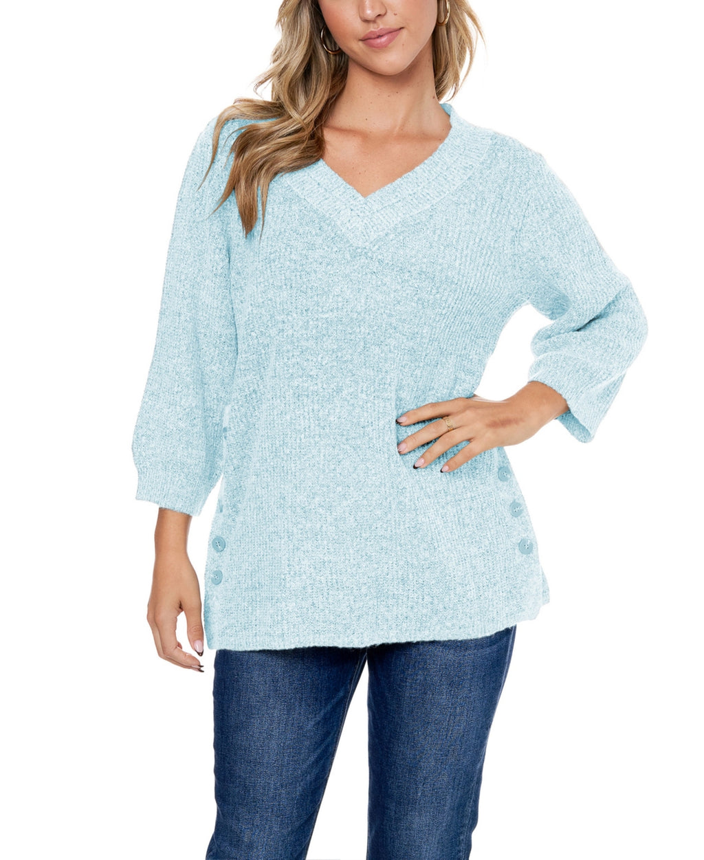 Fever Women's Button Trim Split Cuff Sweater Blue Size Large – Steals