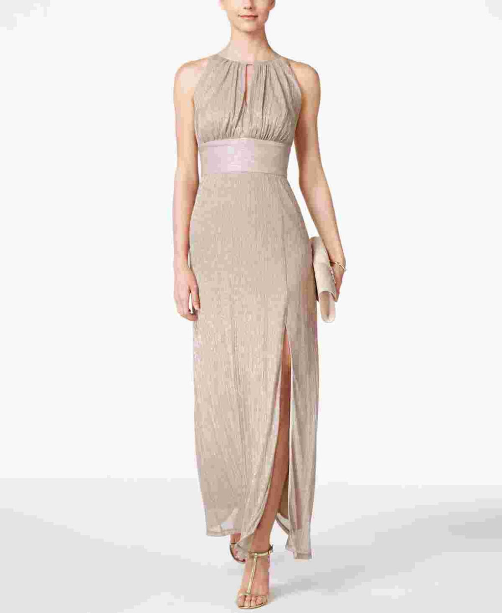 R & M Richards Women's Metallic Knit Keyhole Halter Gown Gold Size 12 ...